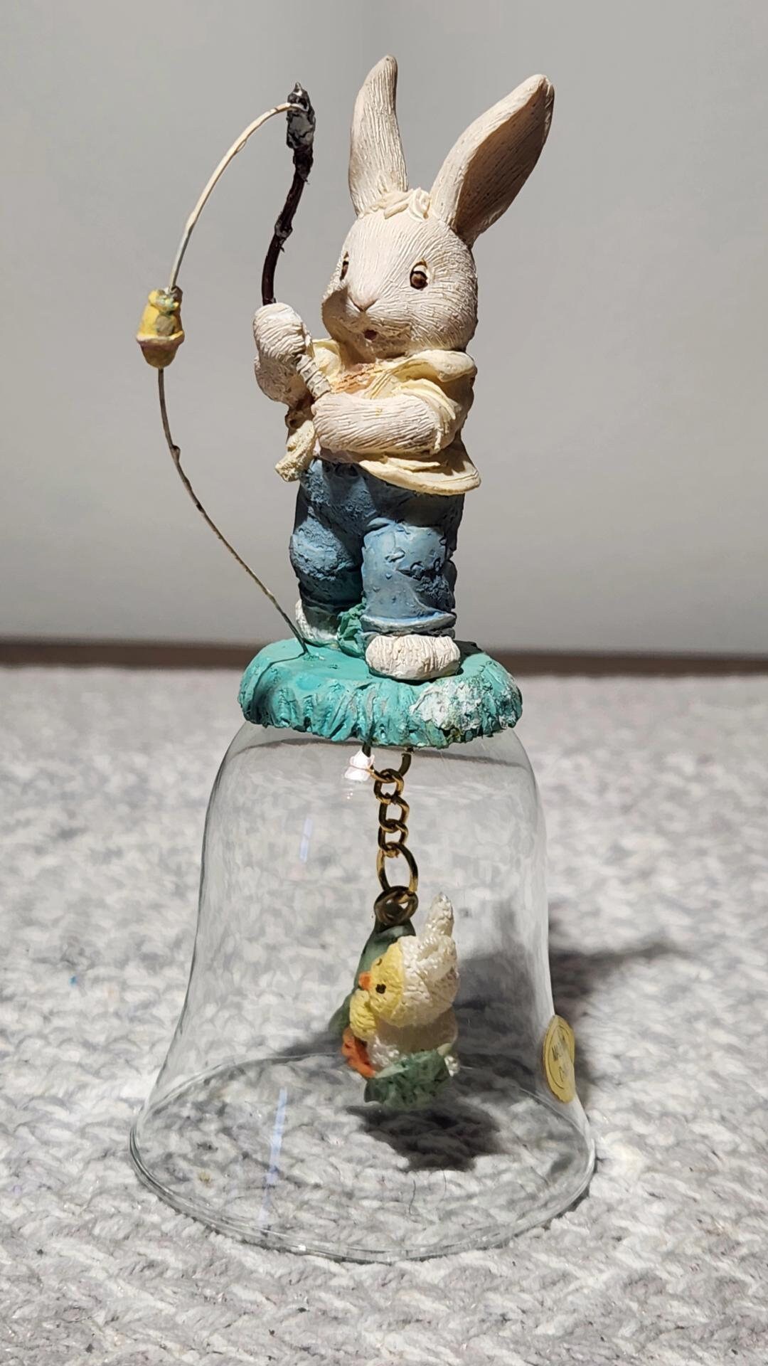 Vintage Bunny Figurine Bell | Handpainted Glass Bell With Fishing ...