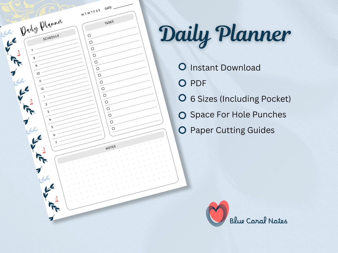 Daily Planner, Daily Schedule, Daily Tasks, Notes Section, Printable ...