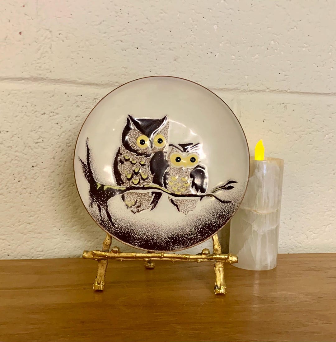 Handcrafted Enamel on Copper Art Plate Bovano Cheshire CT 2 Owls 6" D ...