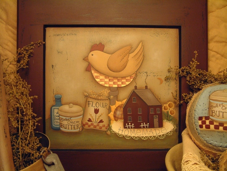 Primitive E Pattern Country Kitchen Folk Art Chicken Baking Painting ...