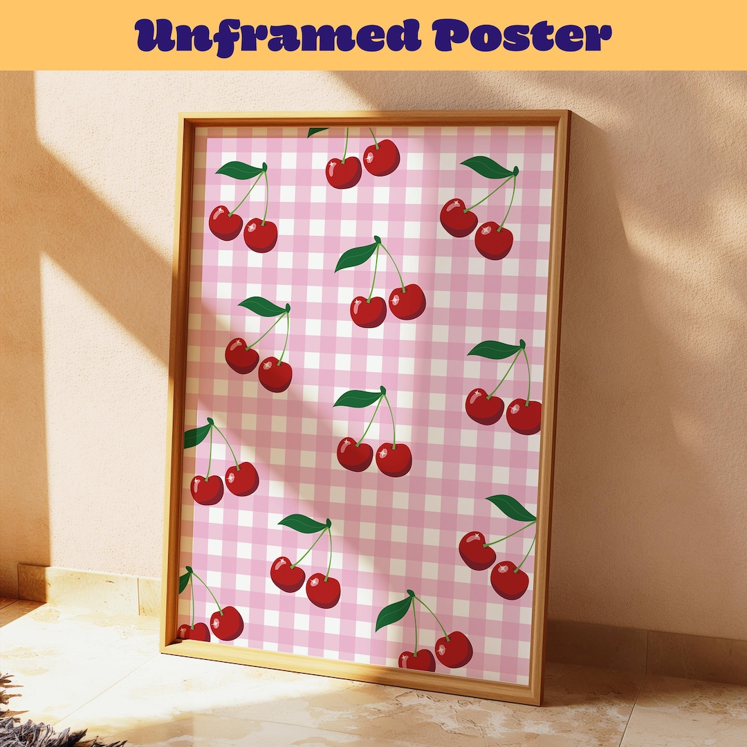 Cherry Gingham Pink Preppy Aesthetic Wall Art Cherries Decoration ...