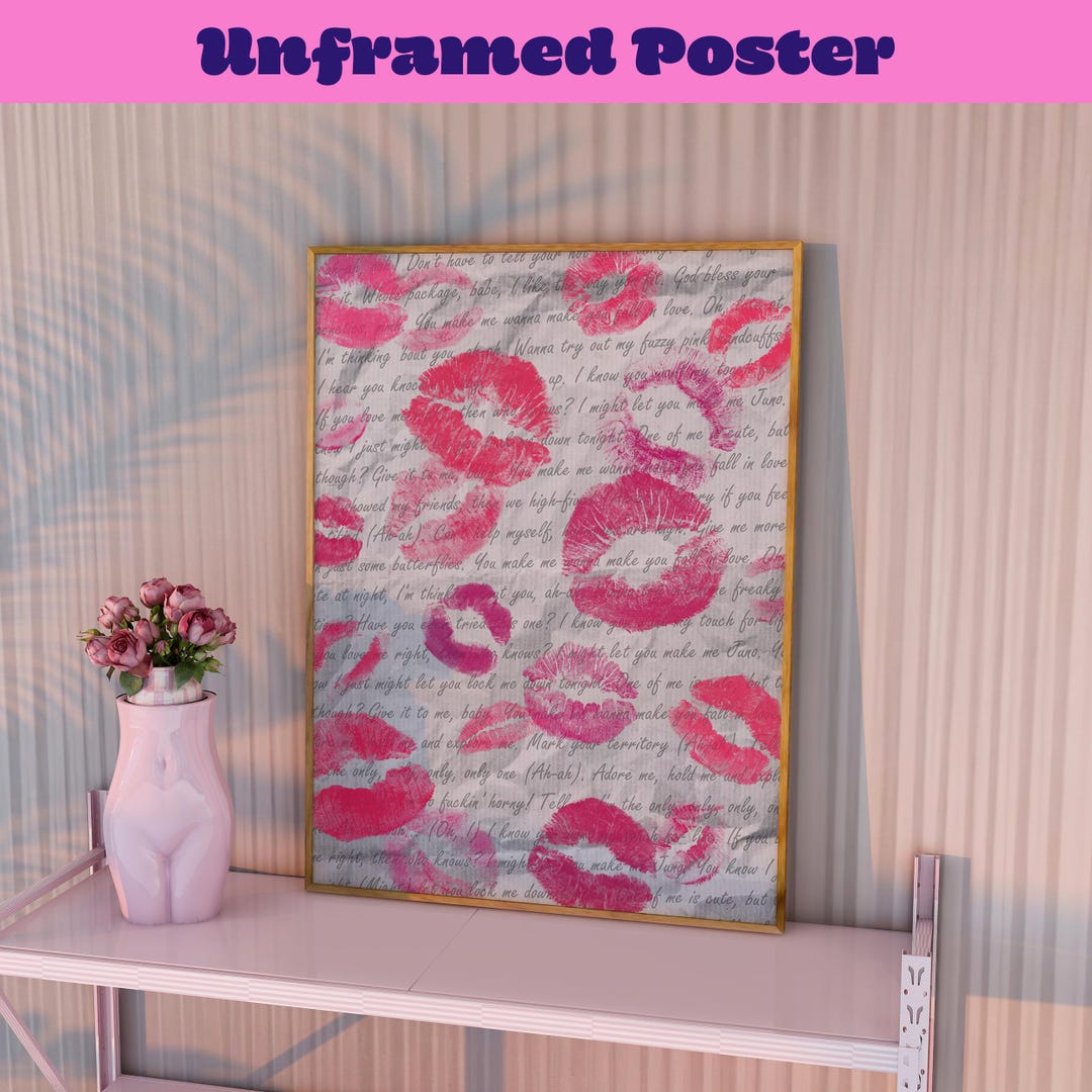 Pink Lipstick Stains Kiss Lips Poster Retro Girly Wall Prints Aesthetic ...
