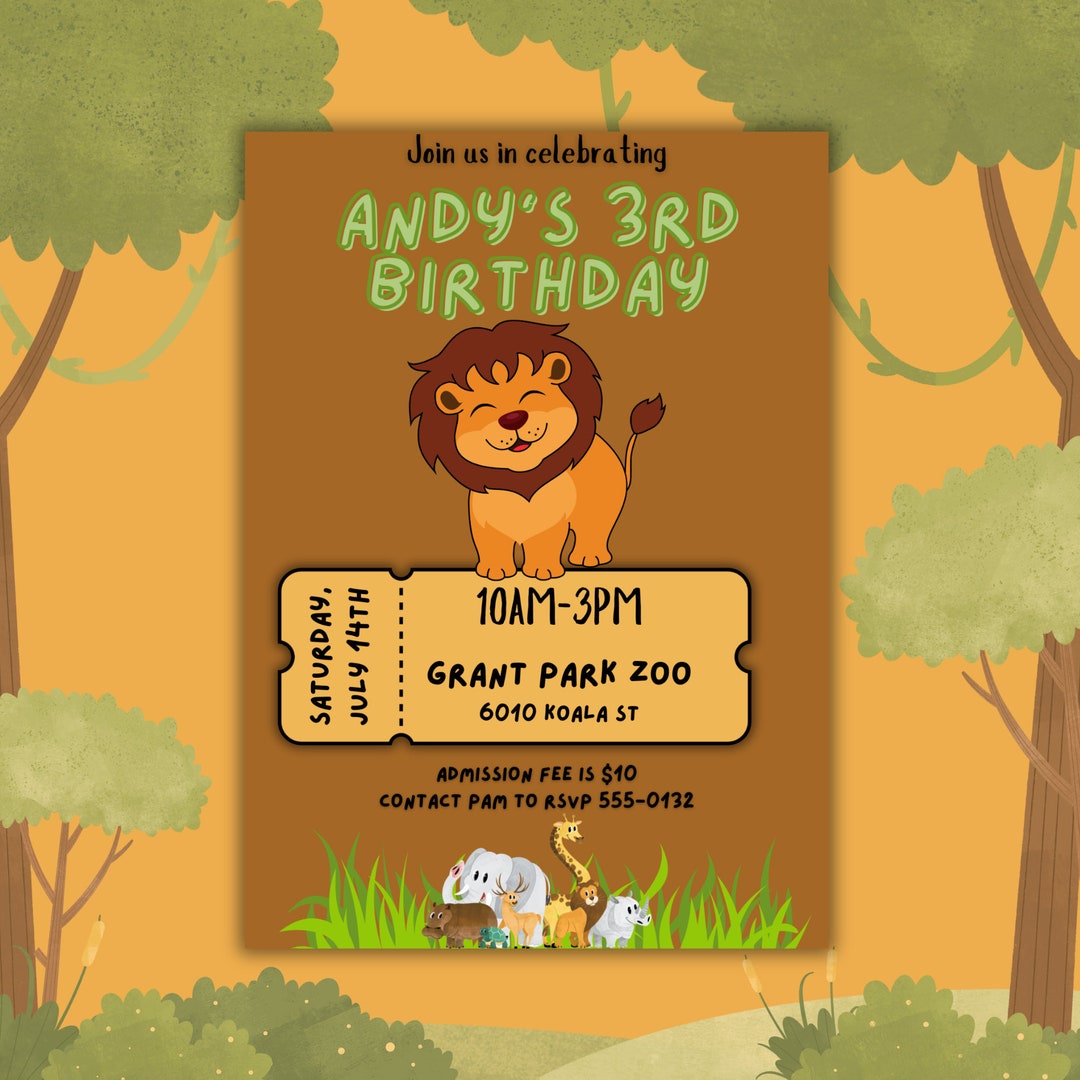 EDITABLE Zoo Birthday Invitation, Boy Girl Birthday, Zoo Ticket, Animal ...