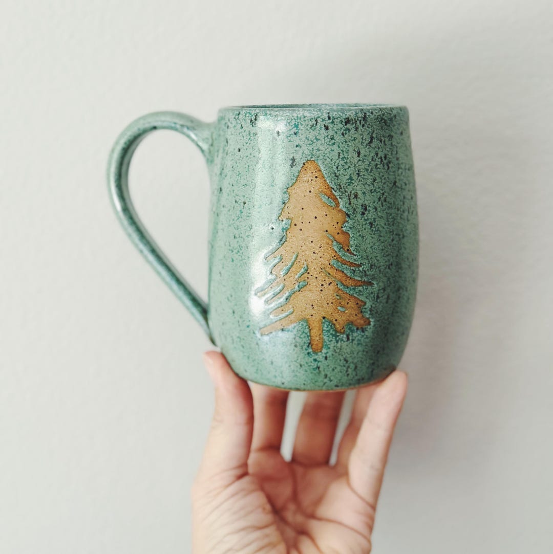 Green Pine Tree Mug, White Coffee Cup With Pine Tree Design, Speckled ...