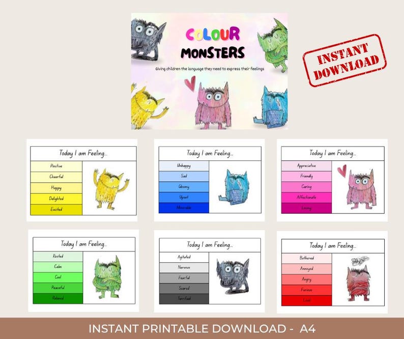 Printable Feelings Posters for Kids | Color Monster Emotions Chart ...