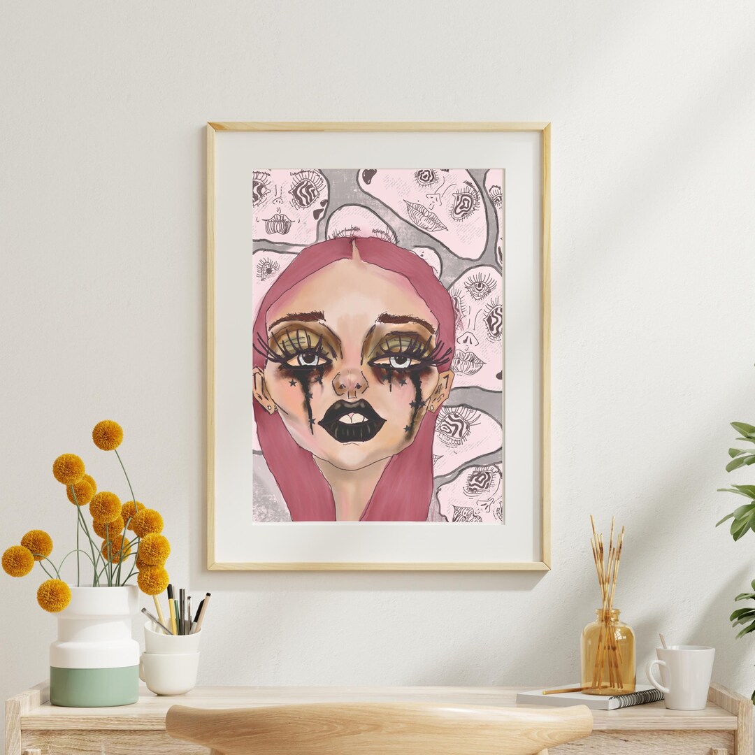 Emo Crying Girl Poster Spooky Edgy Hand Drawn Framed Art, Modern Pop ...