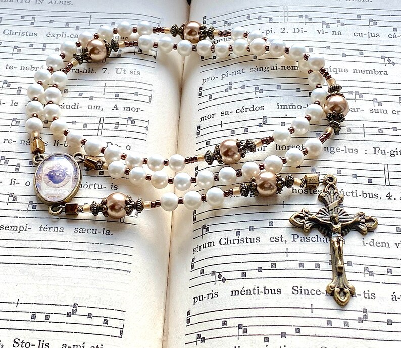 Rosary Immaculate Heart of Mary, Antiqued Brass Catholic Prayer Beads ...