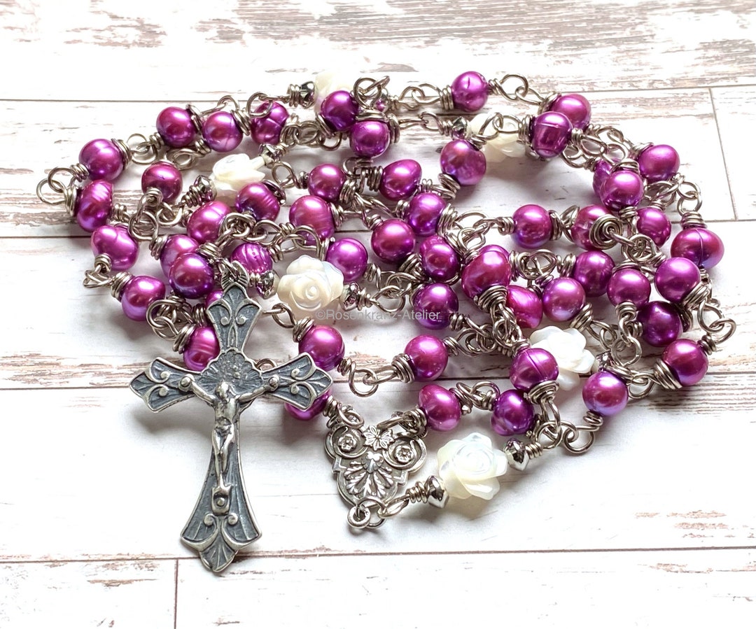 Sterling silver romantic rosary with cultured pearls , carved roses ...
