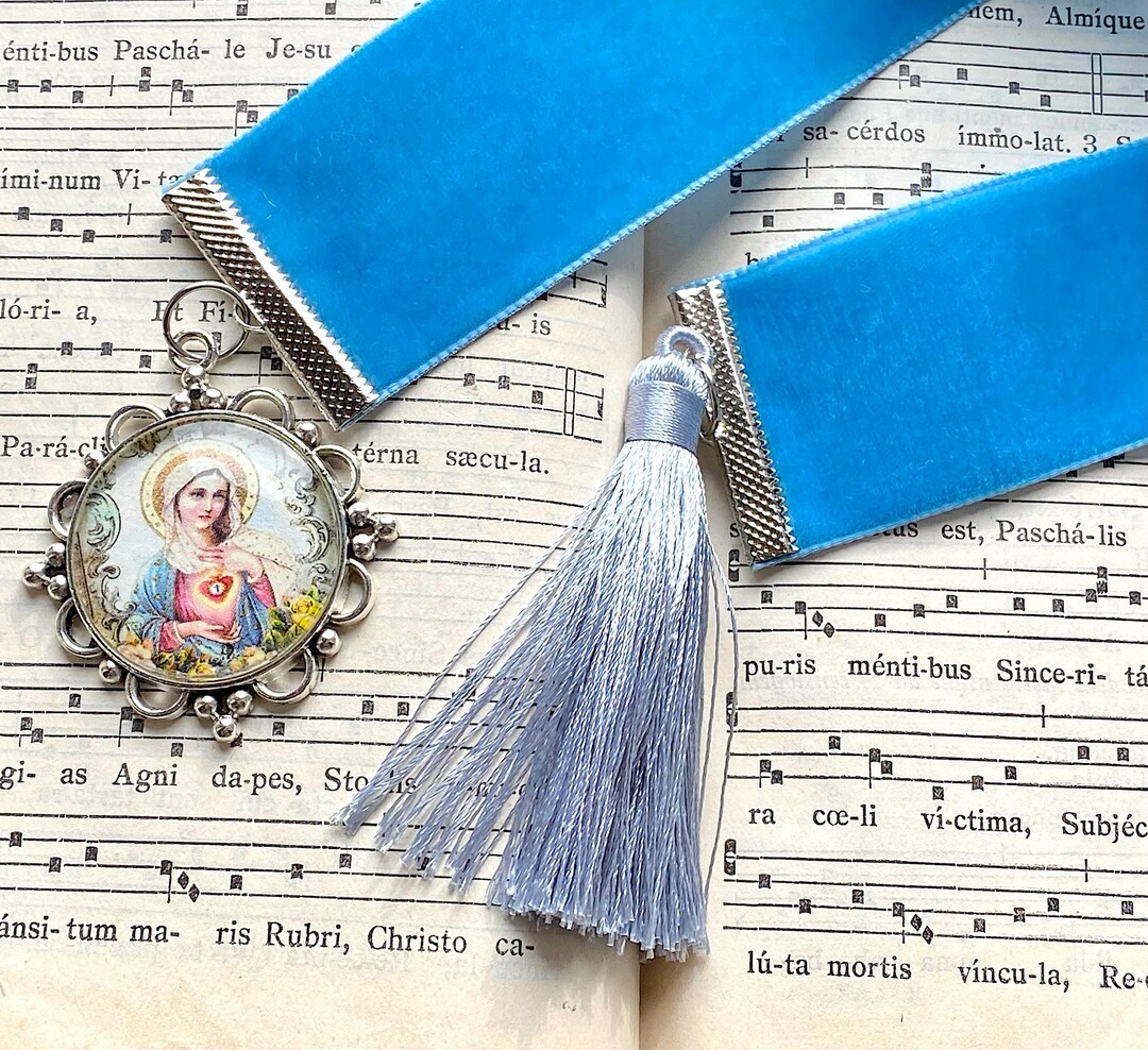 Catholic Bookmark Immaculate Heart, Sky Blue Velvet Ribbon, Catholic ...