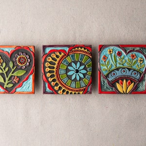 Happy Hearts Set of Three Handmade Ceramic and Mosaic Tile Mounted ...