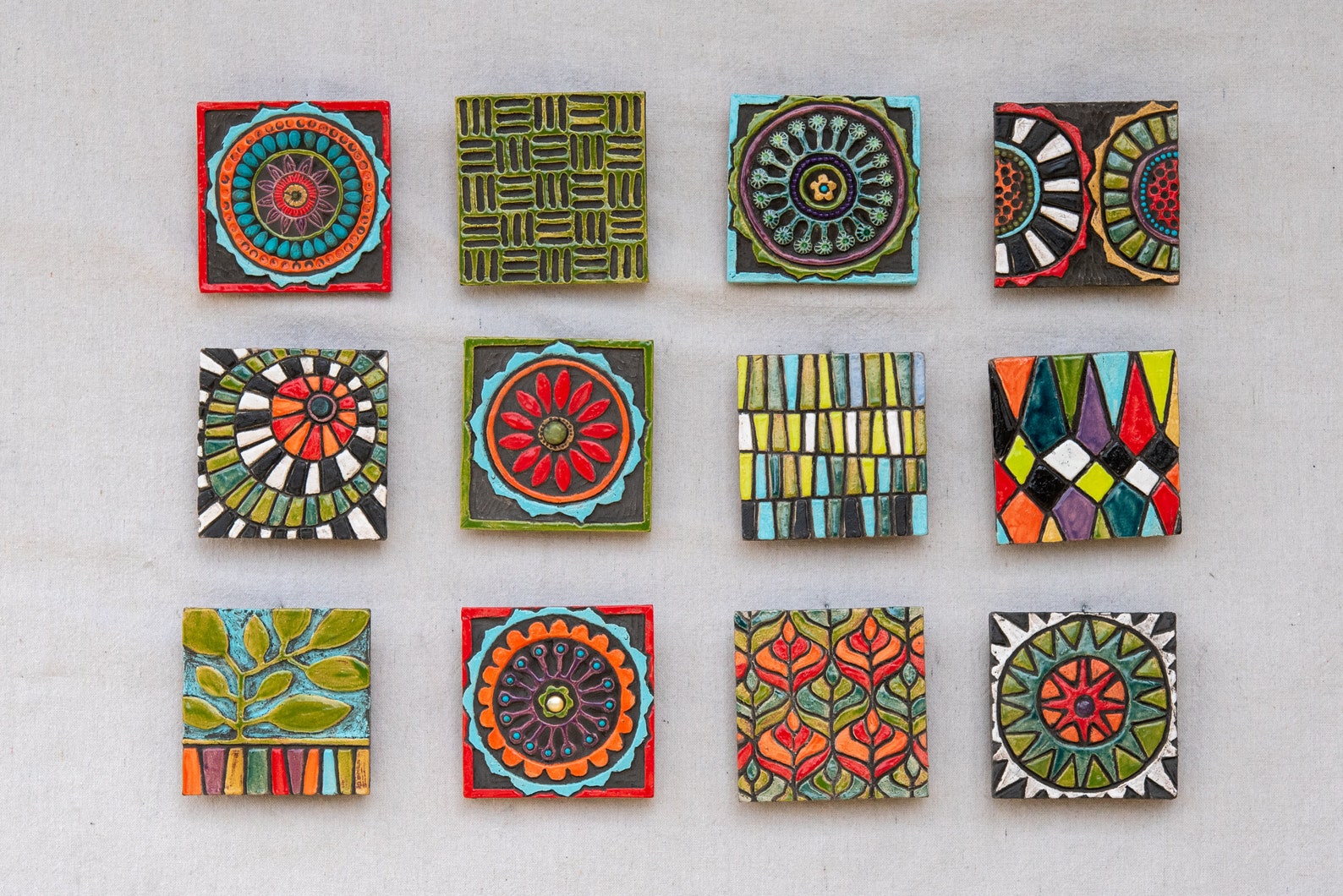 Large Ceramic Wall Sculpture Set of 12 Squares Mounted Wall | Etsy