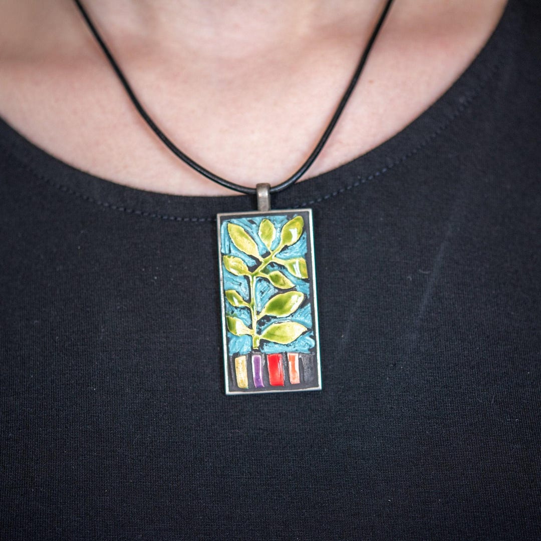 Green Vine Ceramic Tile Pendant Necklace, Handmade Leather Cord - Etsy