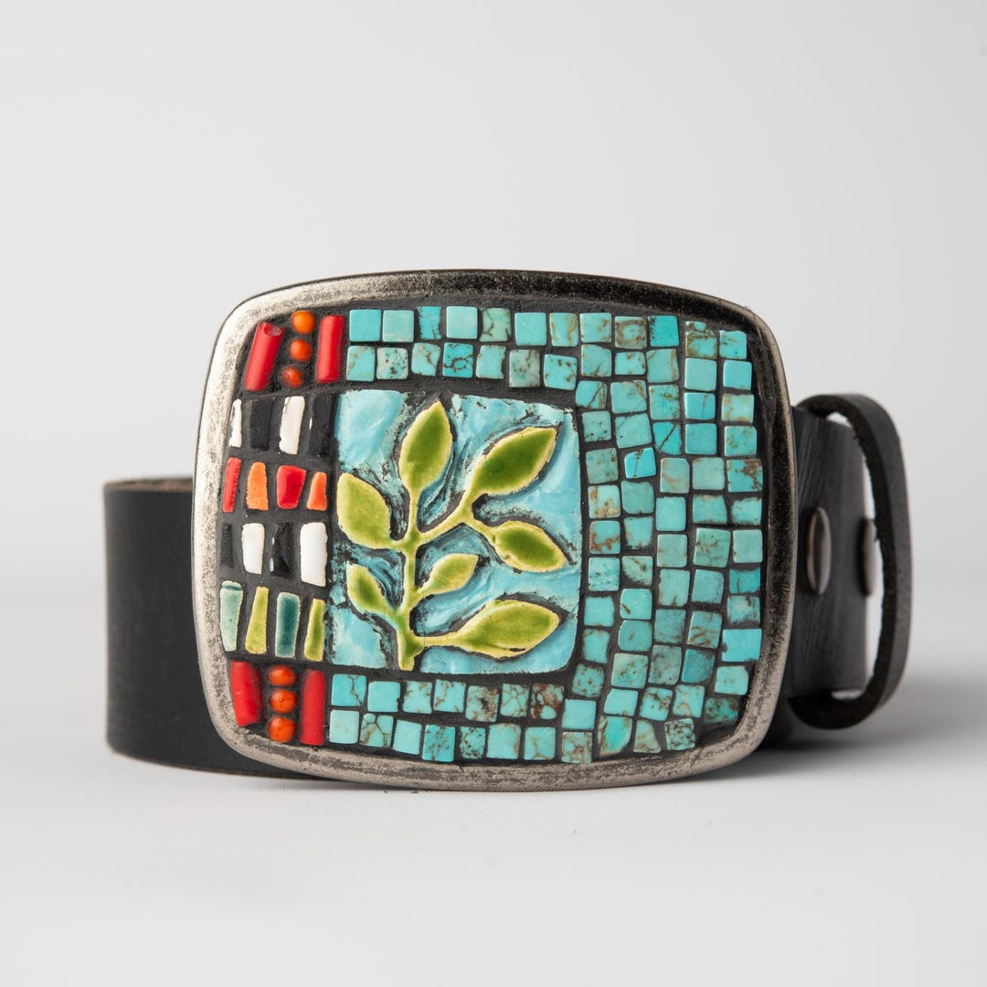 Turquoise Mosaic Belt Buckle: Handmade Ceramic Tile - Green Vine Geo ...