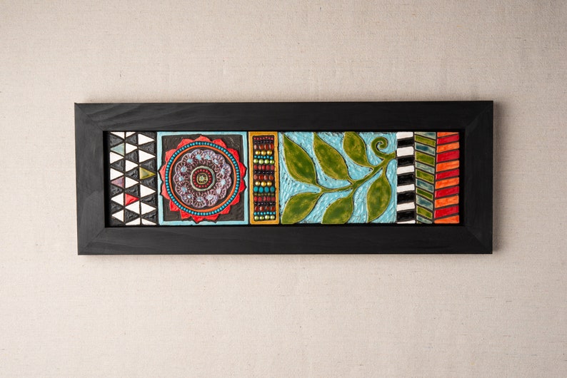 Mosaic Tile Wall Art, Global Folk Patchwork, Semiprecious Stones, Black ...