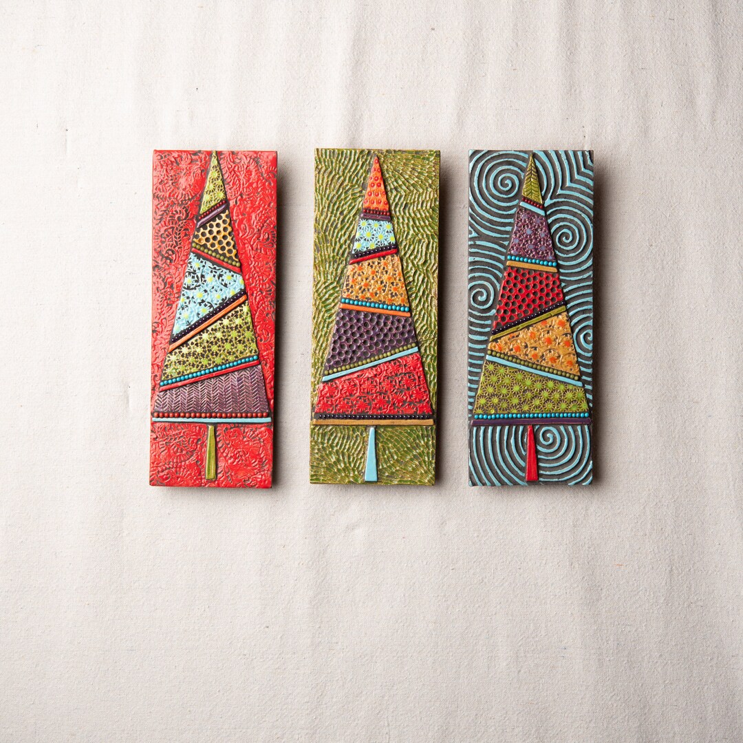 Mid Century Modern Trees Wall Art Set of 3 Ceramic Art Stick Mini Tile ...