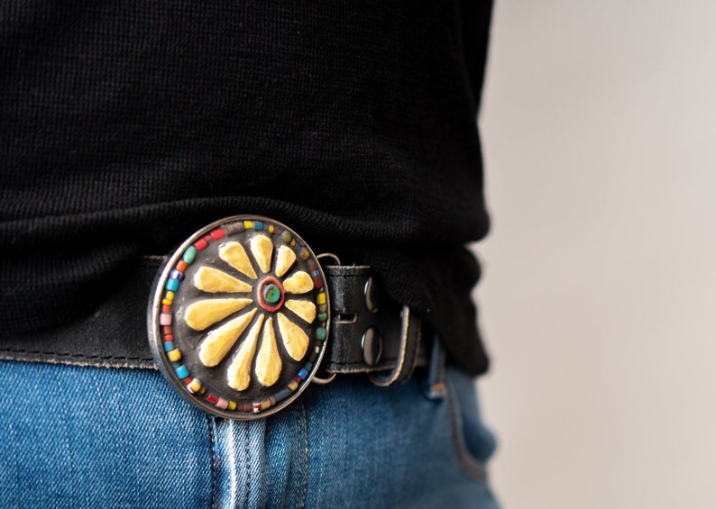 Daisy Belt Buckle Round Ceramic and Turquoise Belt Buckle - Etsy