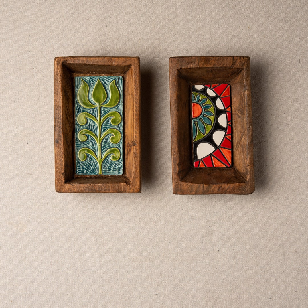 Ceramic Wall Art, Handmade Tiles Framed (MADE to ORDER) Green Lotus ...