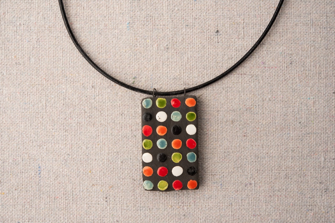 Colorful Pendant Necklace for Women, Ceramic Tile on Leather Necklace ...