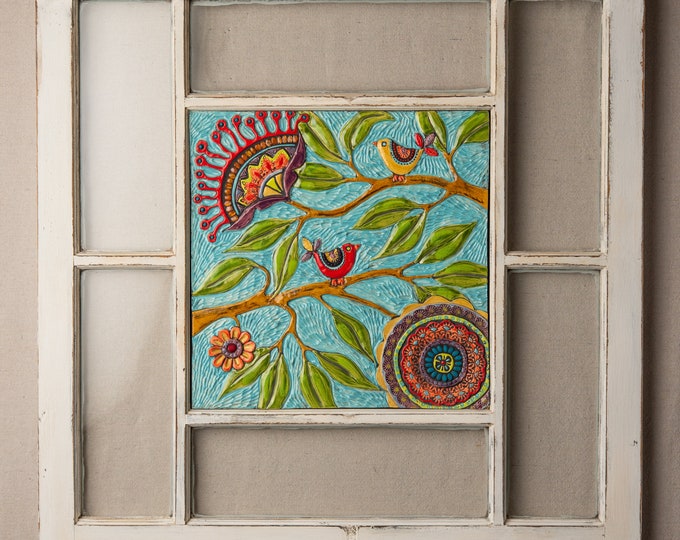 Handmade Ceramic and Mosaic Tile Wall Art Framed in Vintage Window ...