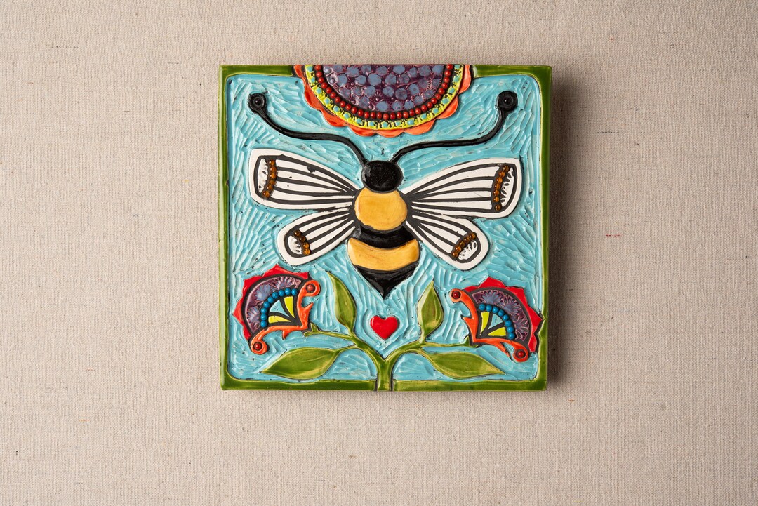 Honey Bee Mounted Handmade Tile Ceramic and Mosaic Wall Art, 8 Inch ...