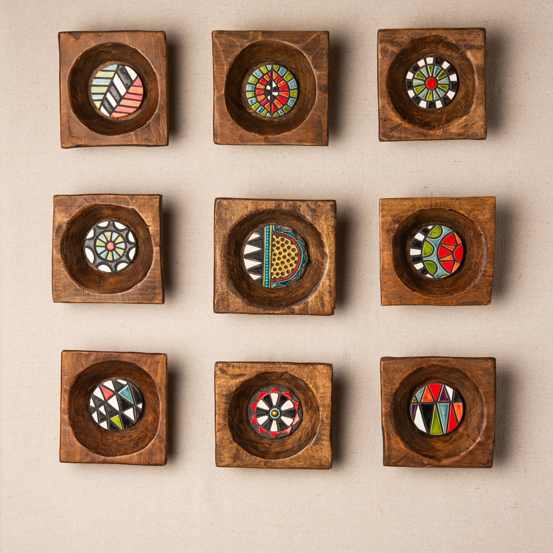 Ceramic Wall Sculpture Set of 9 Framed Handmade Ceramic Tiles, 6 Inch ...