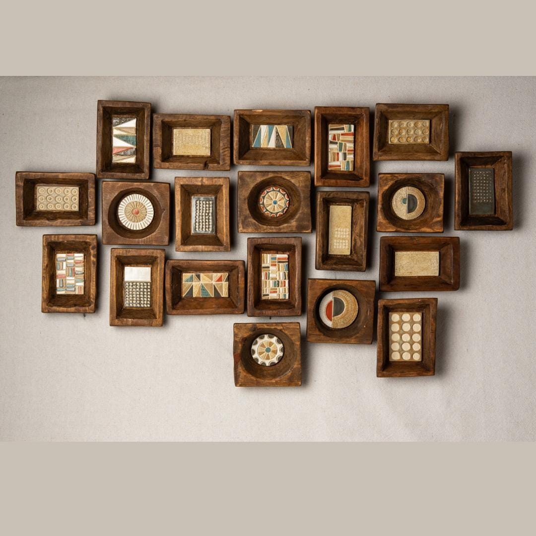 Wall Sculpture Random Grouping Set of 20 Handmade Tiles Framed, Ceramic ...