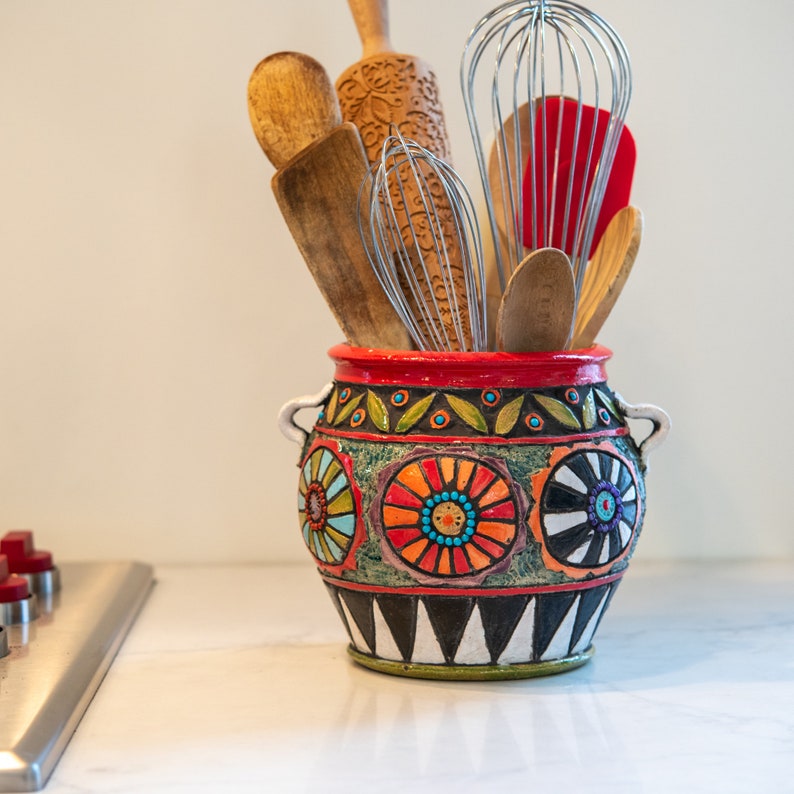 Utensil Holder - Handcarved Stoneware Ceramic and Mosaic Vase - Suzani ...