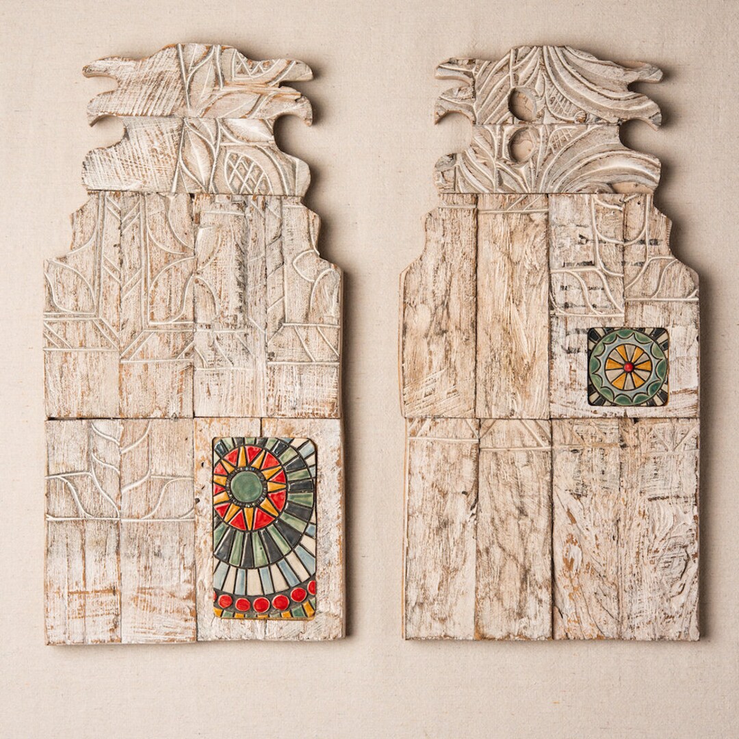 Handmade Ceramic Tile Framed by Repurposed Vintage Indian Door Crests ...