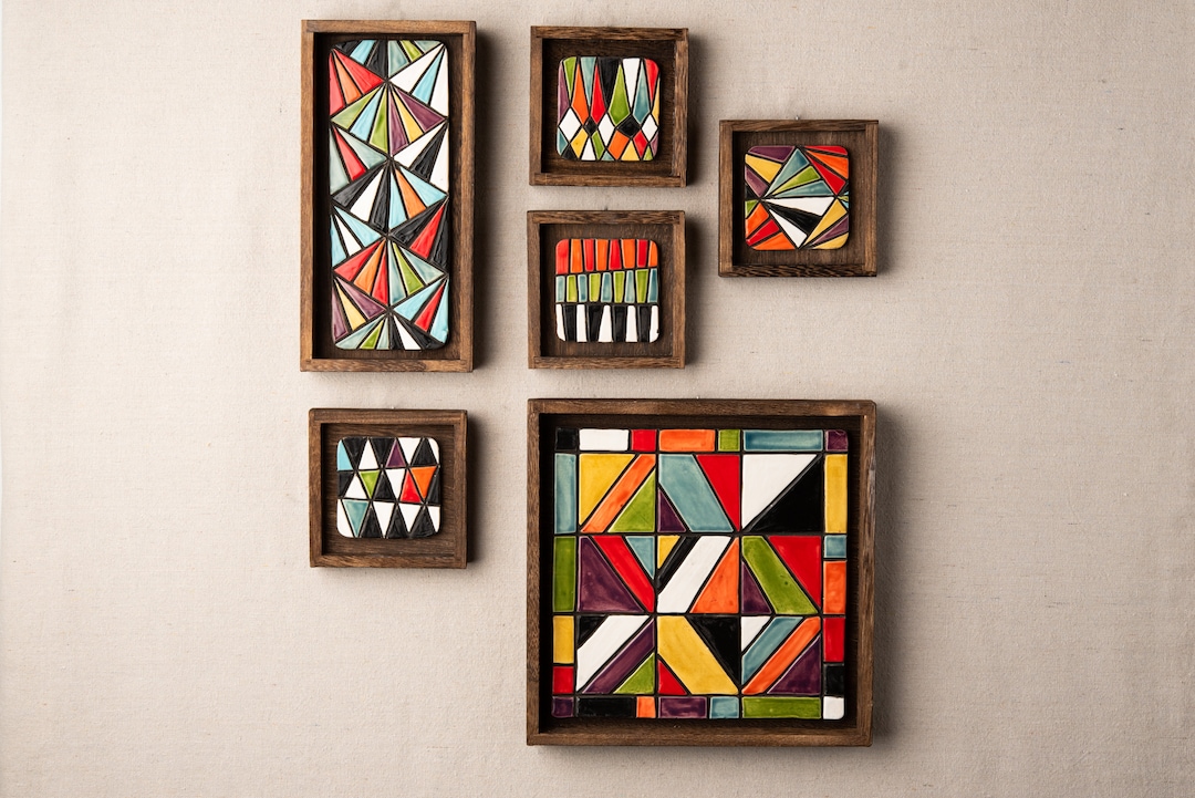 Pure Geometry Handmade Tile Framed Set of 6 Ceramic Wall Sculpture ...