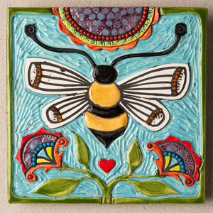 Honey Bee Mounted Handmade Tile Ceramic and Mosaic Wall Art, 8 Inch ...