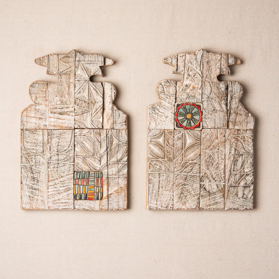 Handmade Ceramic Tile Framed by Repurposed Vintage Indian Door Crests ...