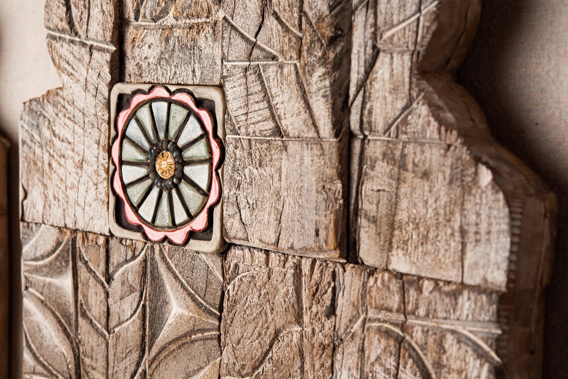 Handmade Ceramic Tile Framed by Repurposed Vintage Indian Door Crests ...