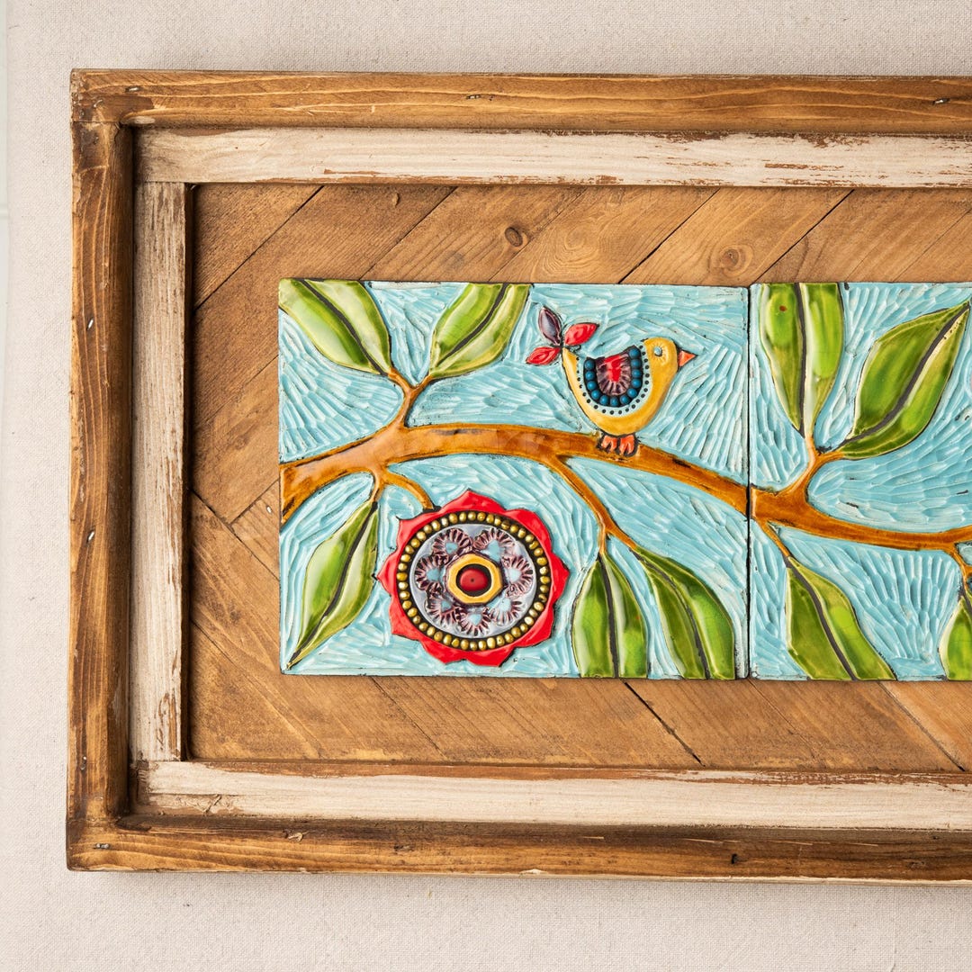 Ceramic and Mosaic Tile Wall Art in Reclaimed Vintage Frame READY to ...