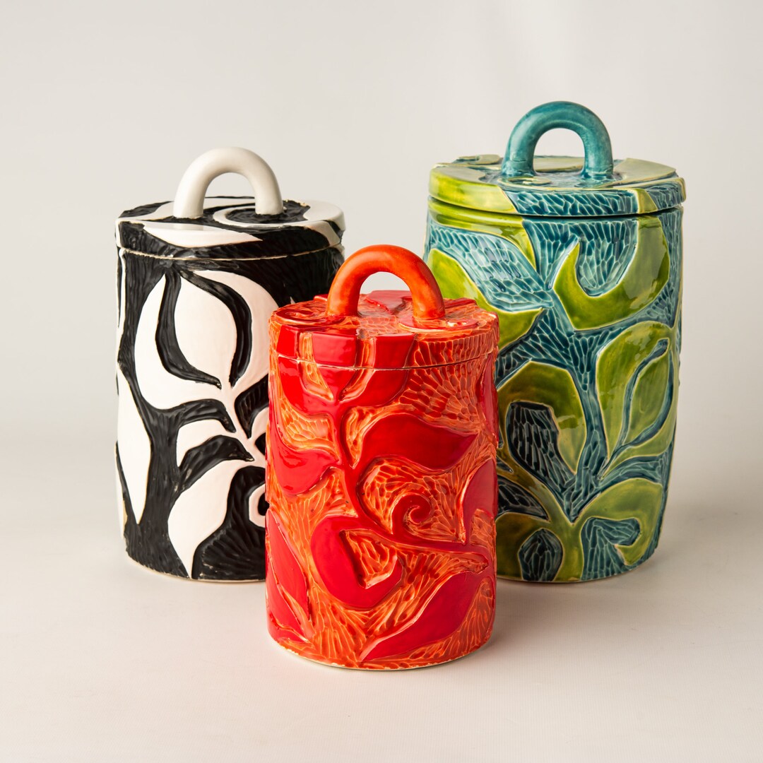 Handcarved Ceramic Kitchen Canister Set – Stoneware Jars With Lids ...