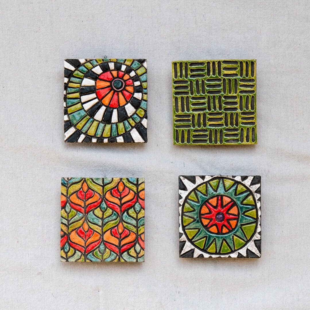 Ceramic Wall Sculpture Set of 4 Squares, Mounted Wall Art Set, Modern ...