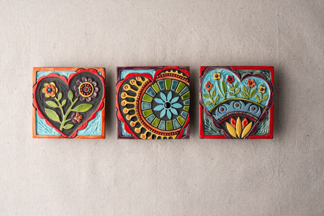 Happy Hearts Set of Three Handmade Ceramic and Mosaic Tile Mounted ...