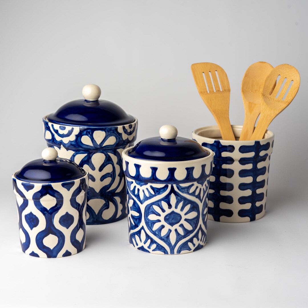 Kitchen Canister Set, Ceramic, Blue and White (bisque White) - Canister ...