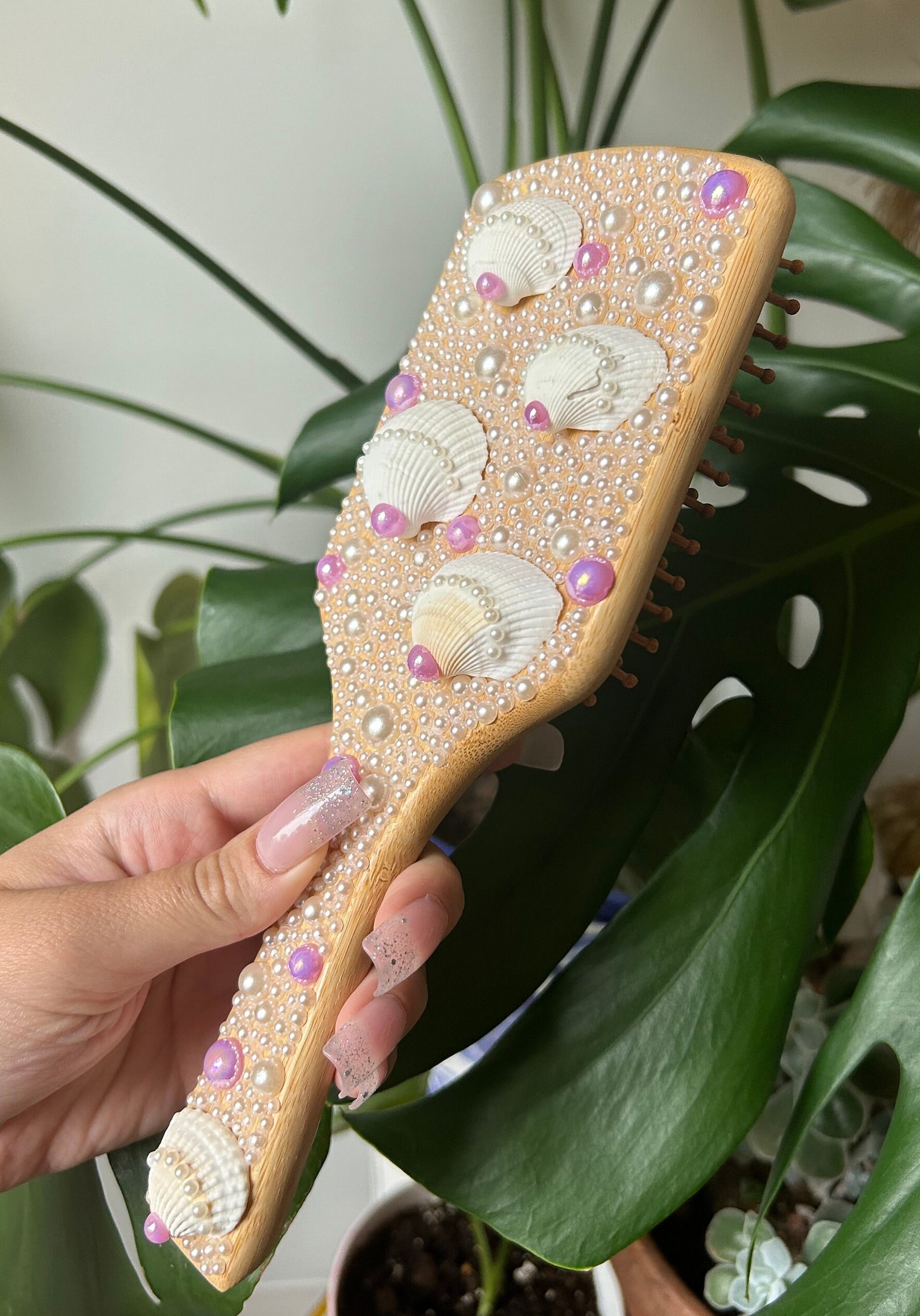 Bamboo Mermaid Seashell Hairbrush Decoration: Scalp Massaging, Handmade ...