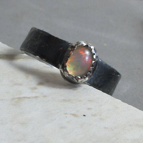 Natural Opal Ring Oxidized Sterling Silver Wide Band Rustic | Etsy