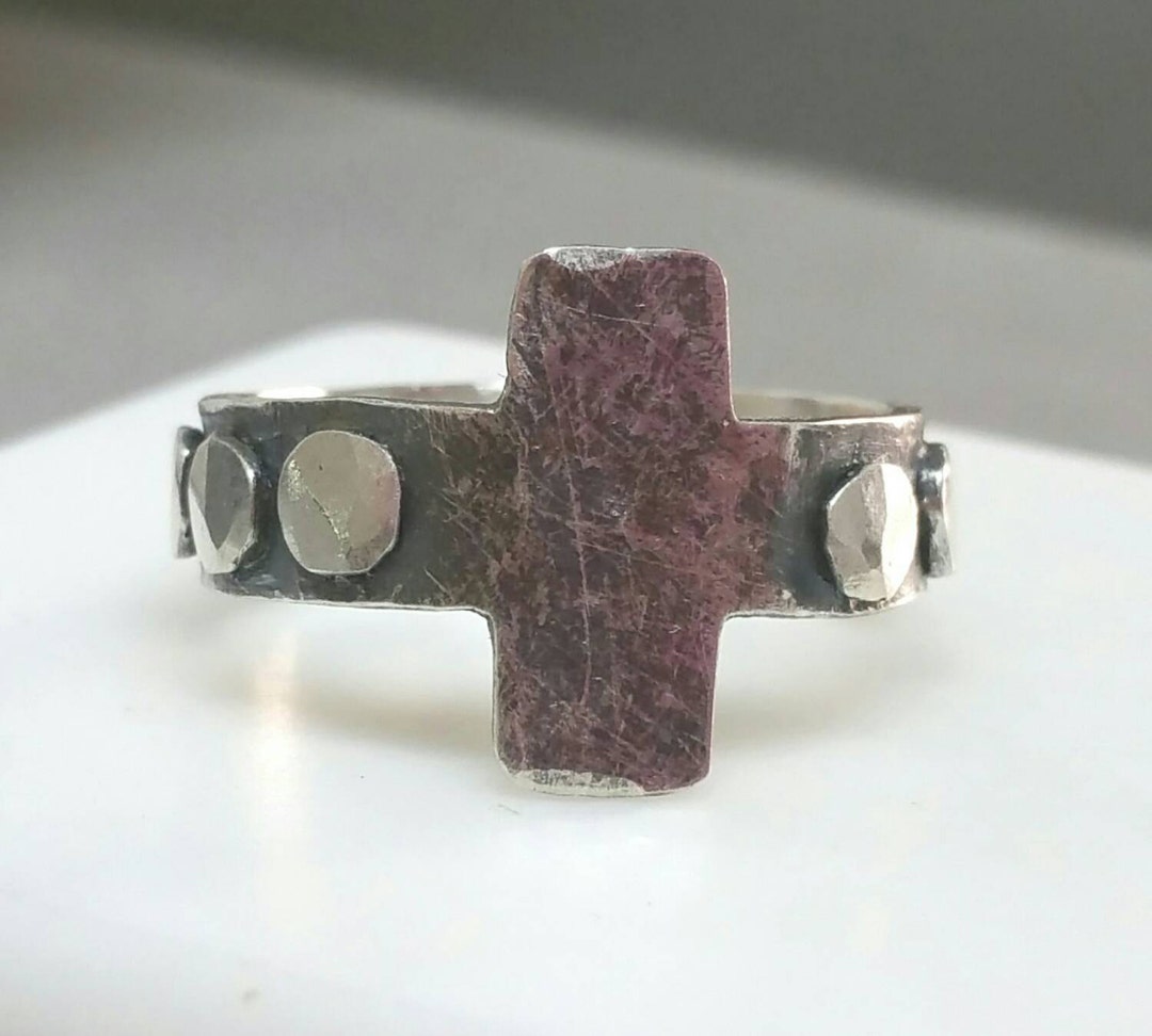 Handmade Rosary Ring in Size 6.5 Blackened Sterling Silver Cross Ring ...