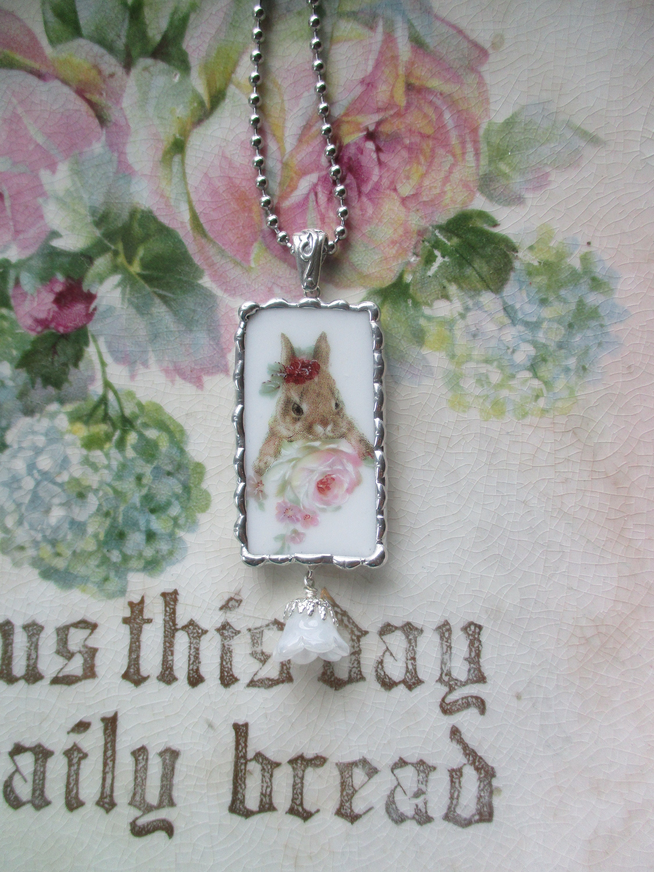 Vintage Broken China Pendant With a Bunny Rabbit Resting in the Roses ...
