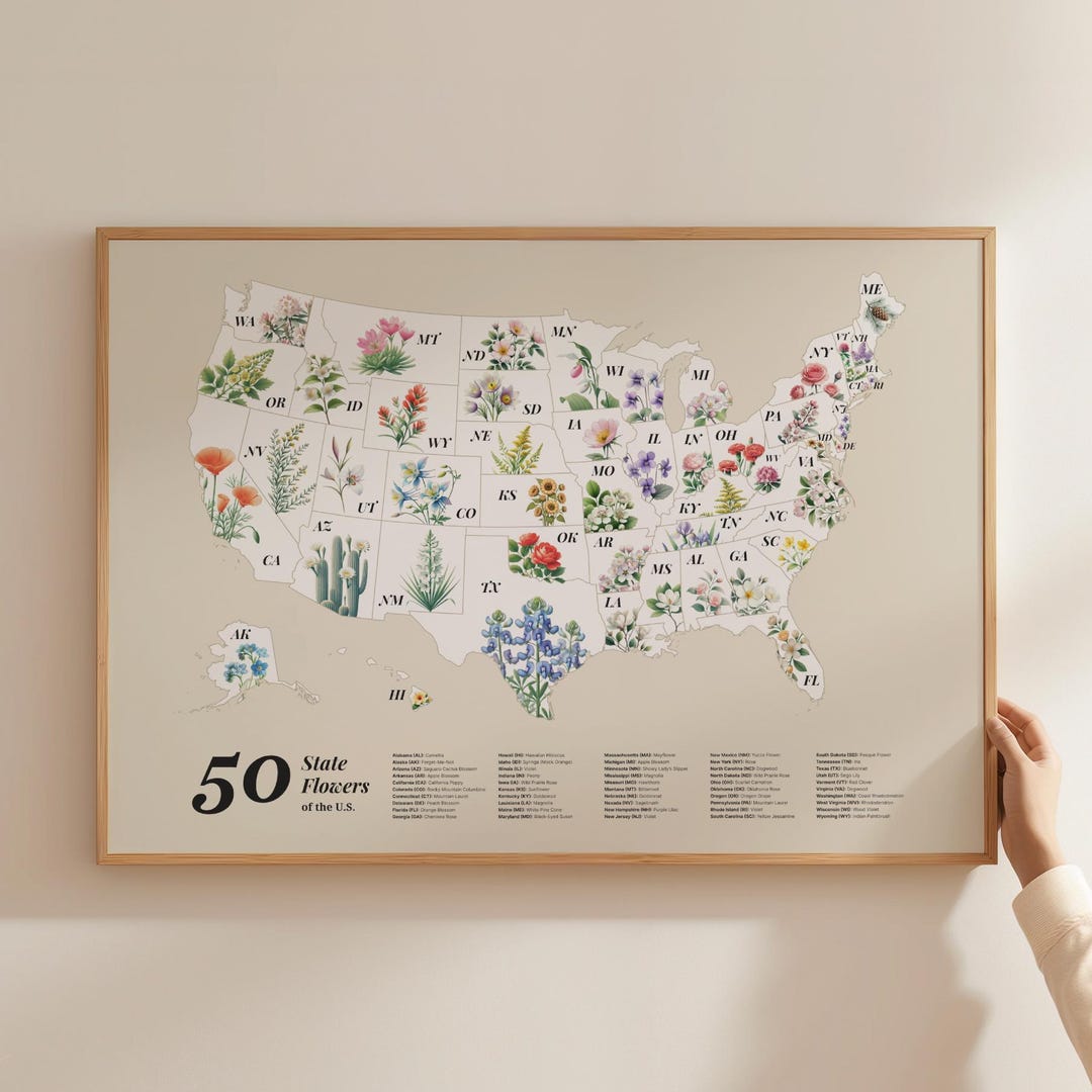 US State Flower Map (light) Poster Art Print State Flower Home Decor ...