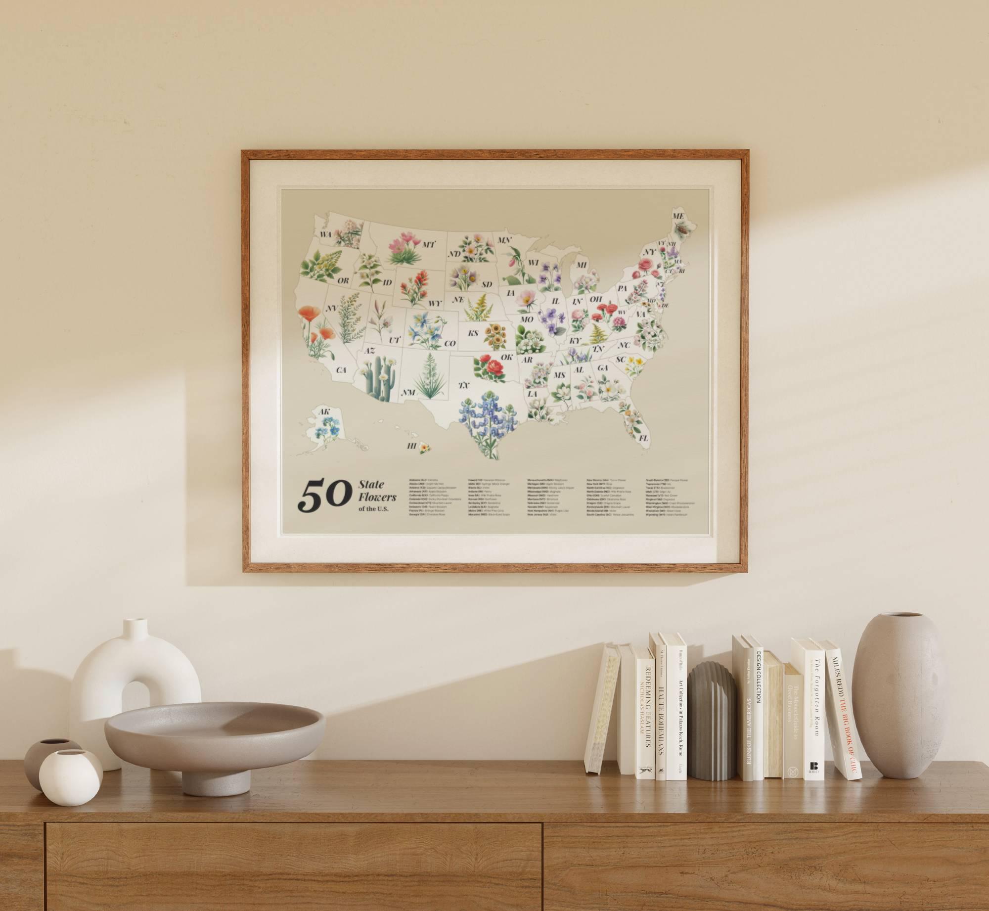 US State Flower Map (light) Poster Art Print State Flower Home Decor ...