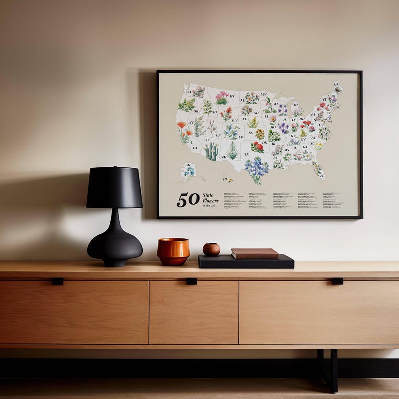 US State Flower Map (light) Poster Art Print State Flower Home Decor ...
