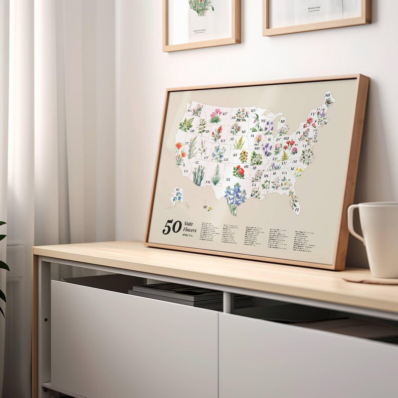 US State Flower Map (light) Poster Art Print State Flower Home Decor ...