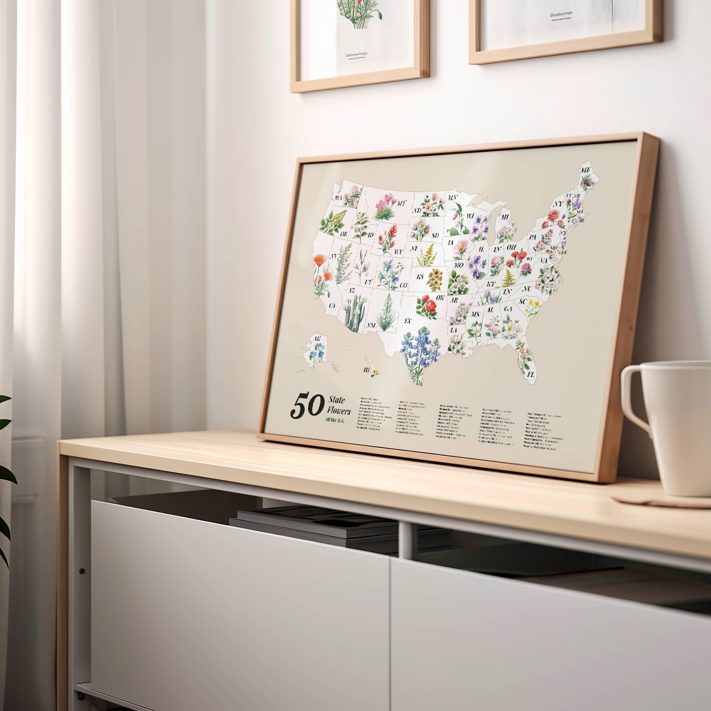 US State Flower Map (light) Poster Art Print State Flower Home Decor ...
