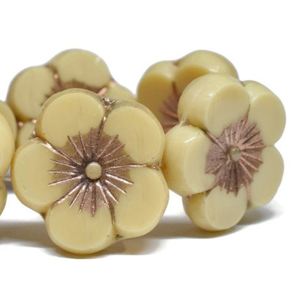 21mm Hibiscus Flower Opaque Beige With Copper Wash, Table Cut Czech ...