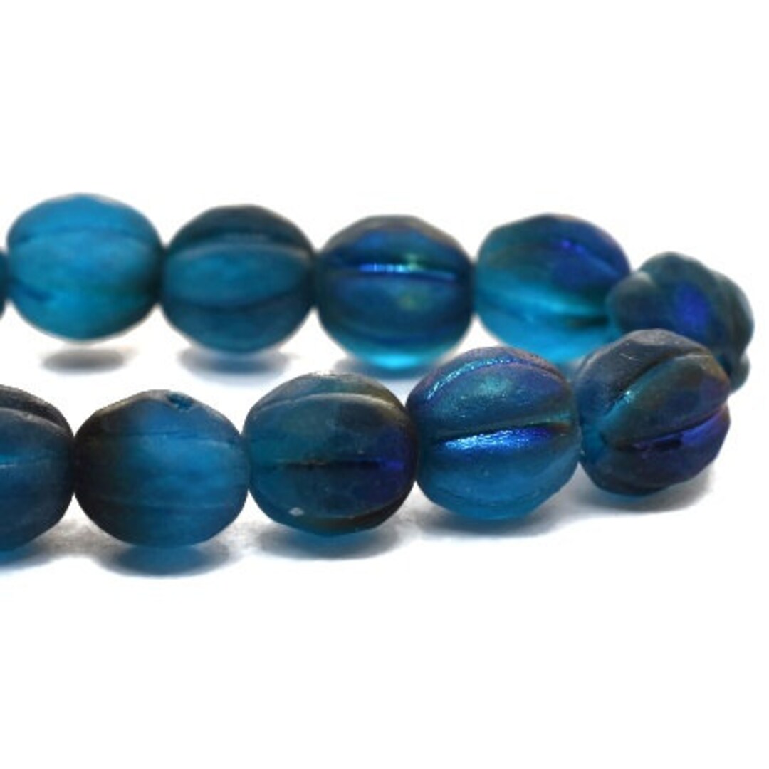6mm Faceted Melon Matte Pacific Blue With Blue Luster and Blue Wash ...