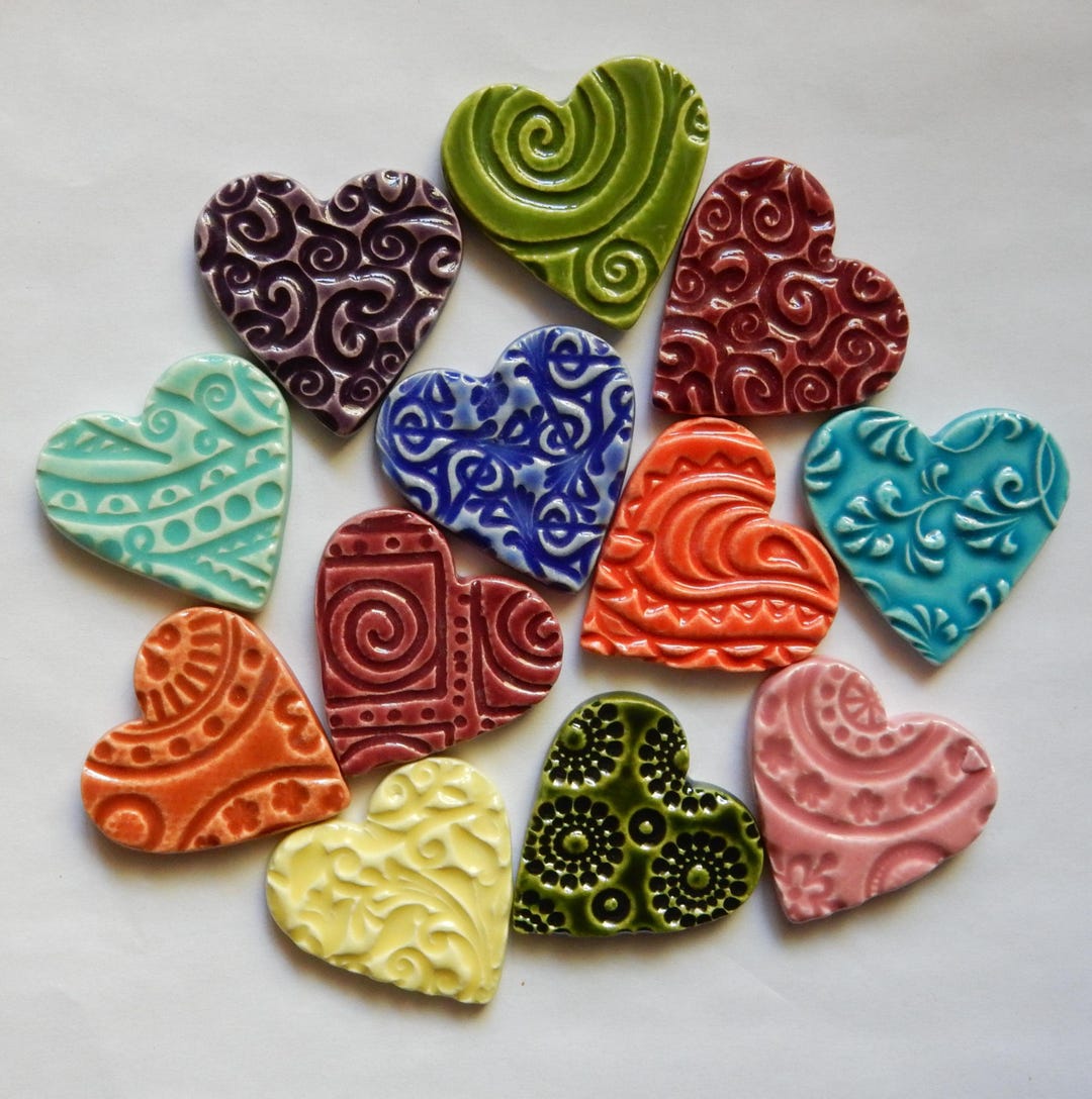 12 Colorful Handmade Embossed Ceramic Hearts - Etsy