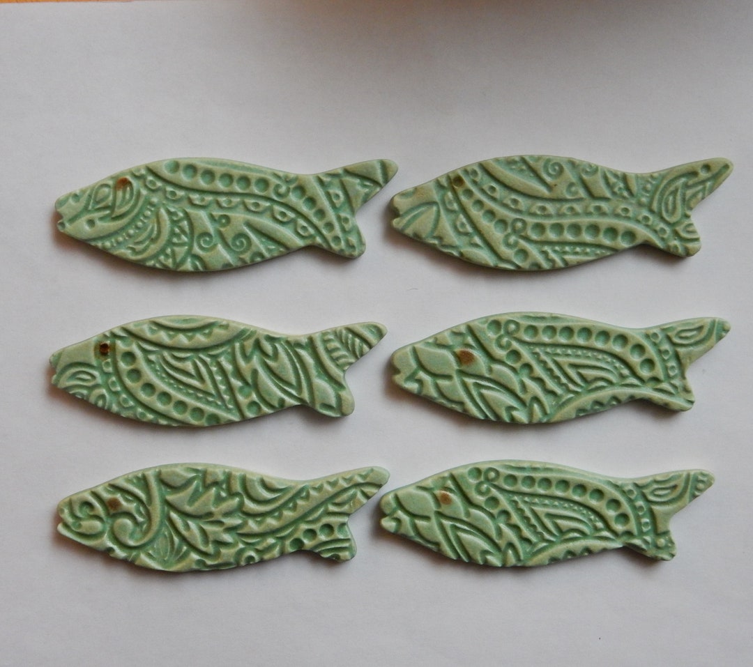 6 Matte Green Patina Glazed Ceramic Mosaic Tile Fish With Embossed ...